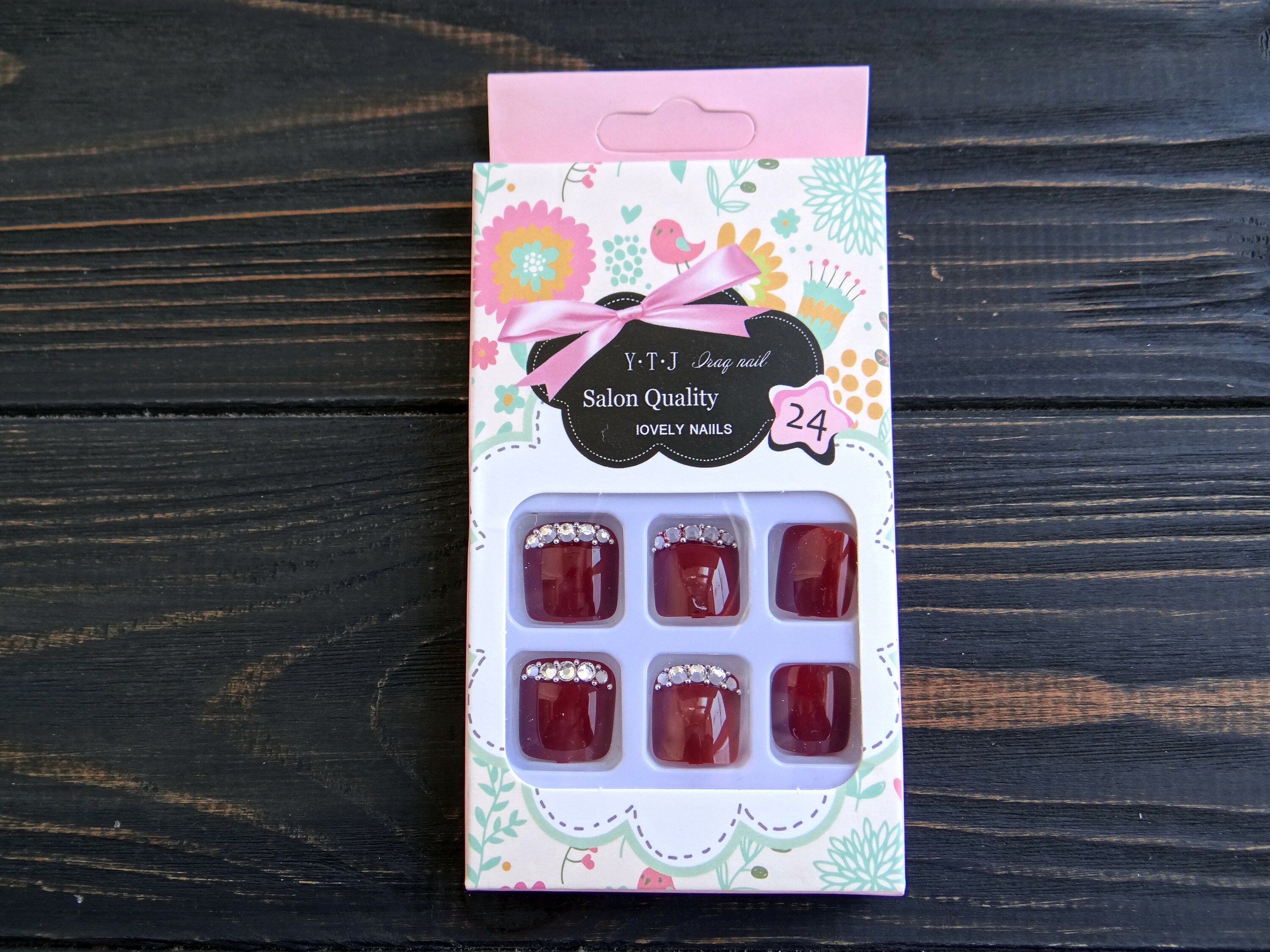 Wine Red Fake Toenails 24pcs False Toe Nails Rhinestone False Nails ...