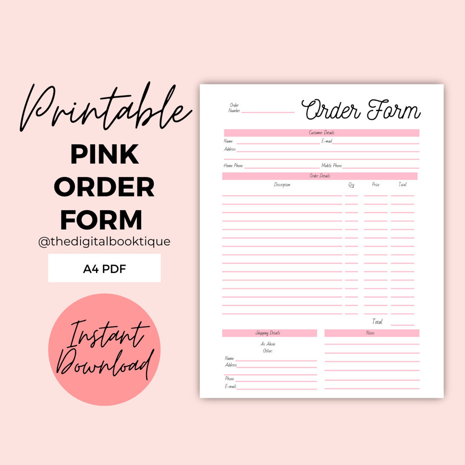 Blank Order Form Printable Template For Planner Small | Etsy