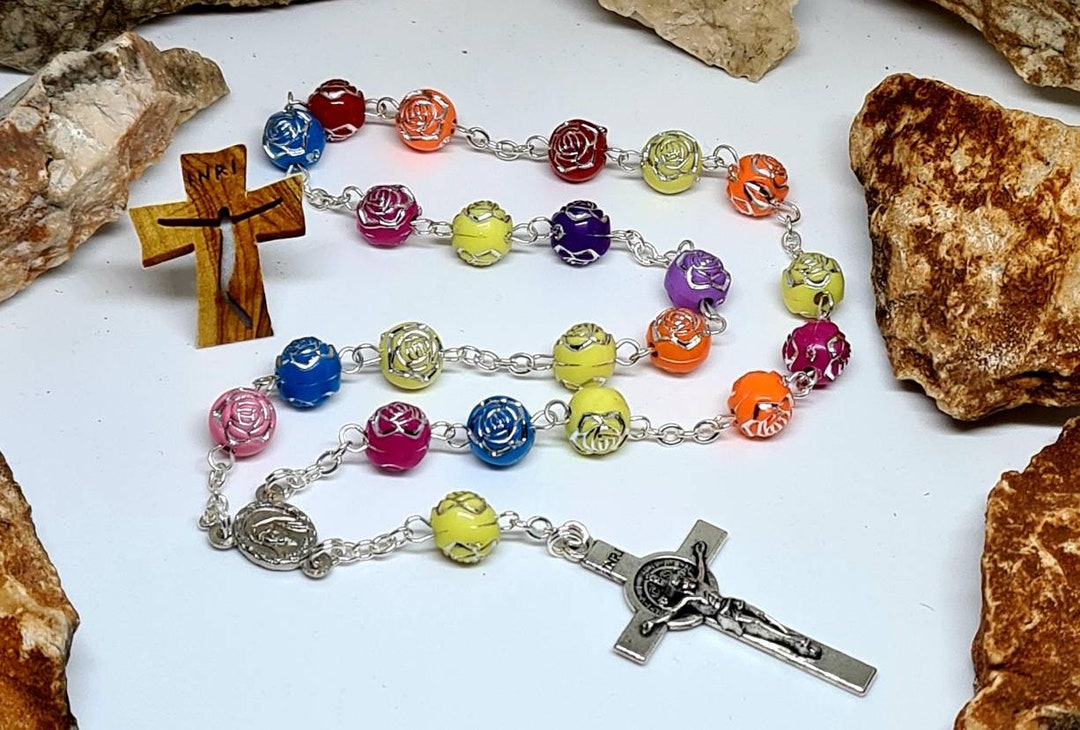 Peace Chaplet of Medjugorje, Blessing Rosary Rose Multicolor Beads 8mm ...