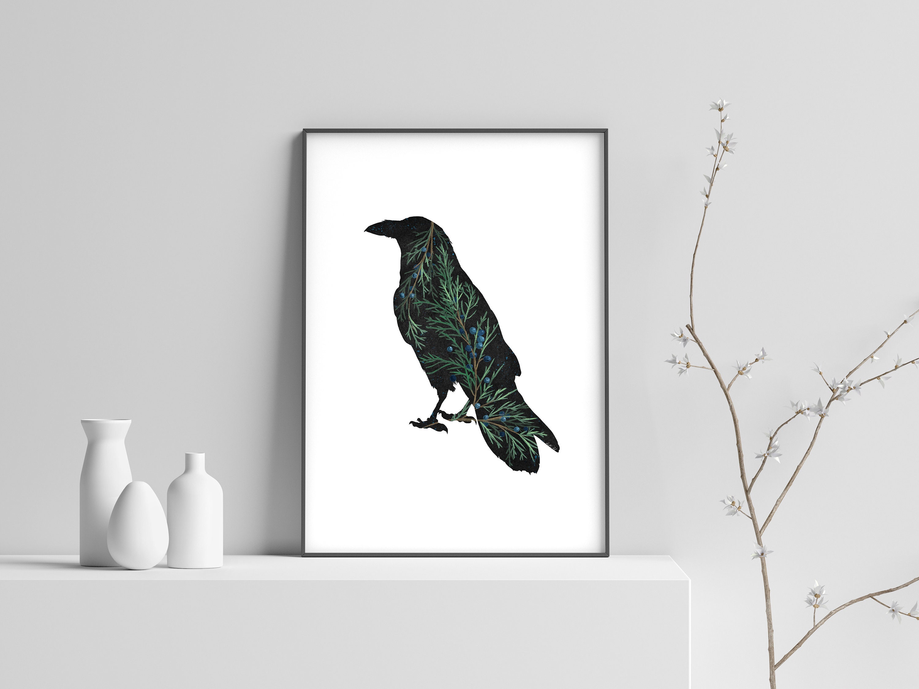Botanical Crow Silhouette Print - Bird Silhouette Art, Botanical Nature ...