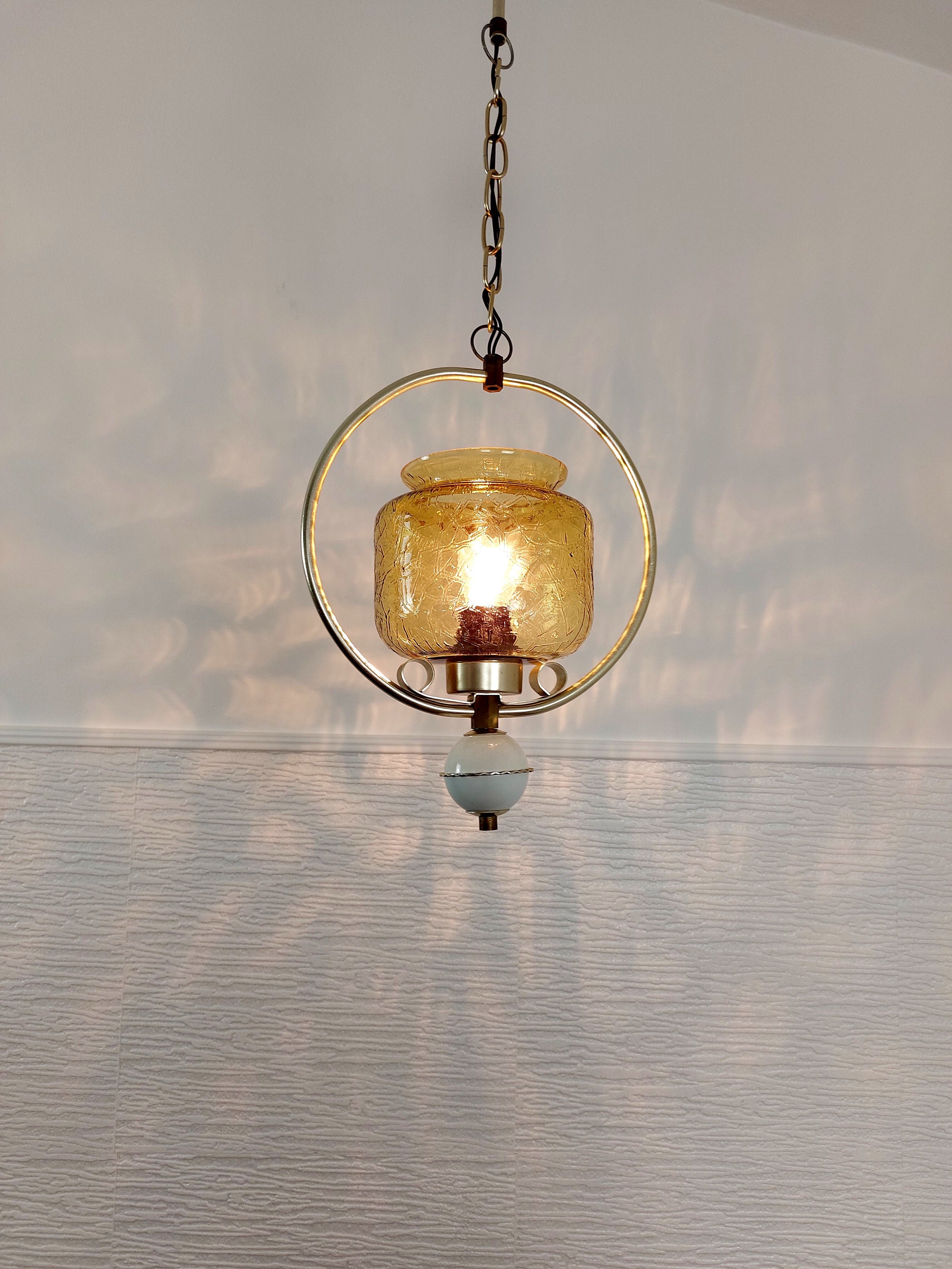 Vintage Pendant Lamp / Mid Century Glass Light / Amber Glass Light ...