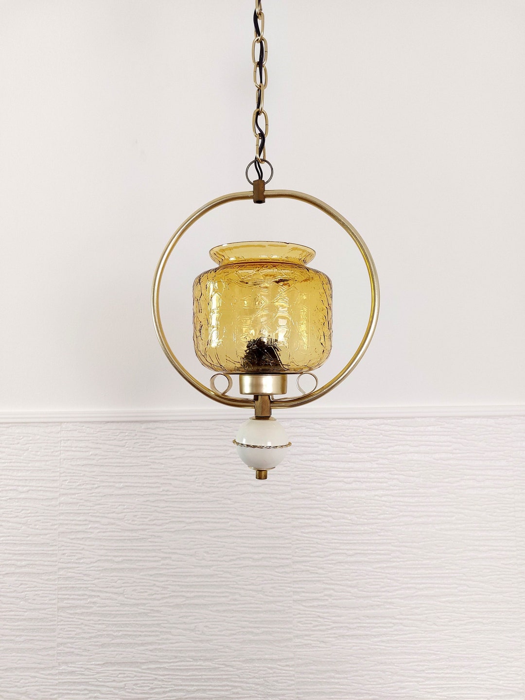 Vintage Pendant Lamp / Mid Century Glass Light / Amber Glass Light ...