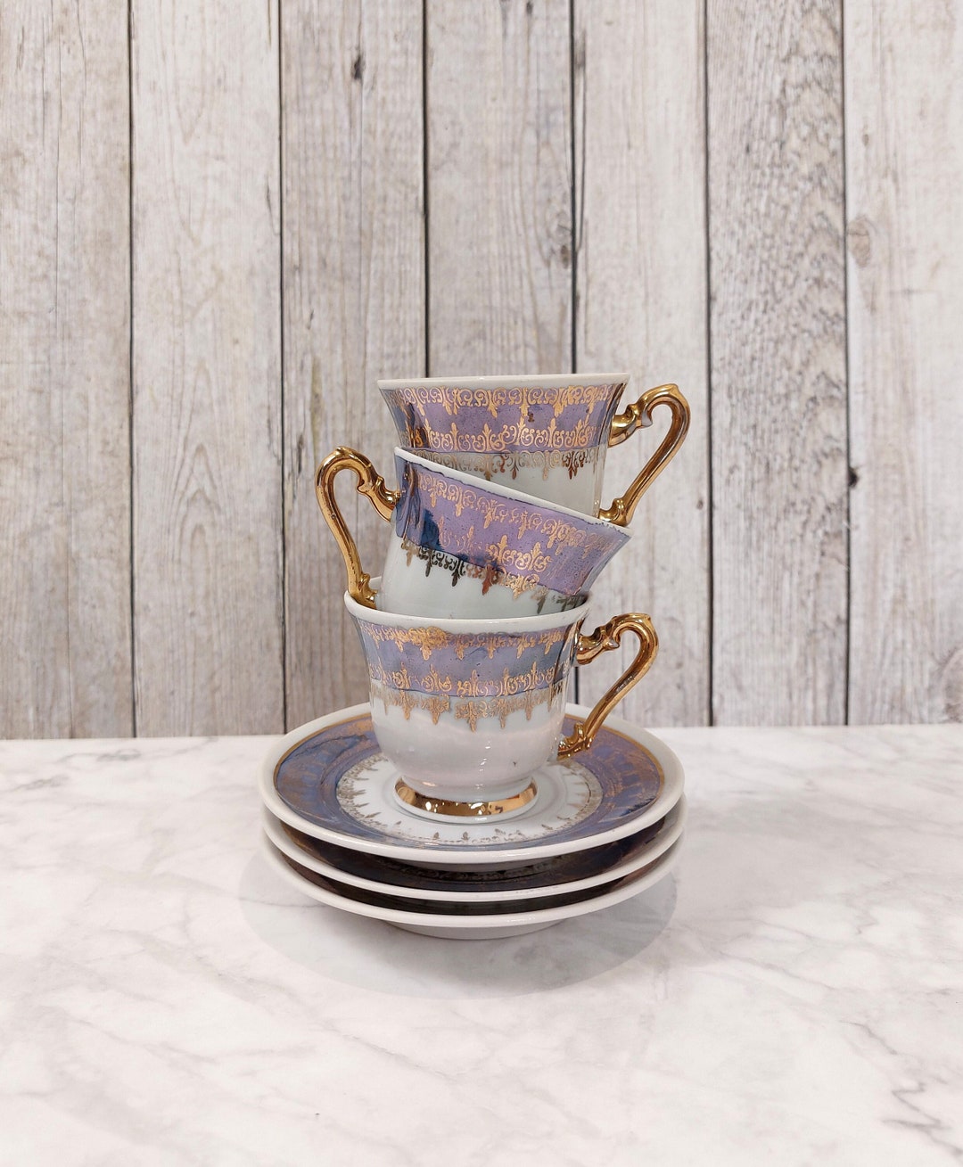 Vintage Porcelain Coffee Cup / Set of 3 Blue and Gold Fine Cups ...