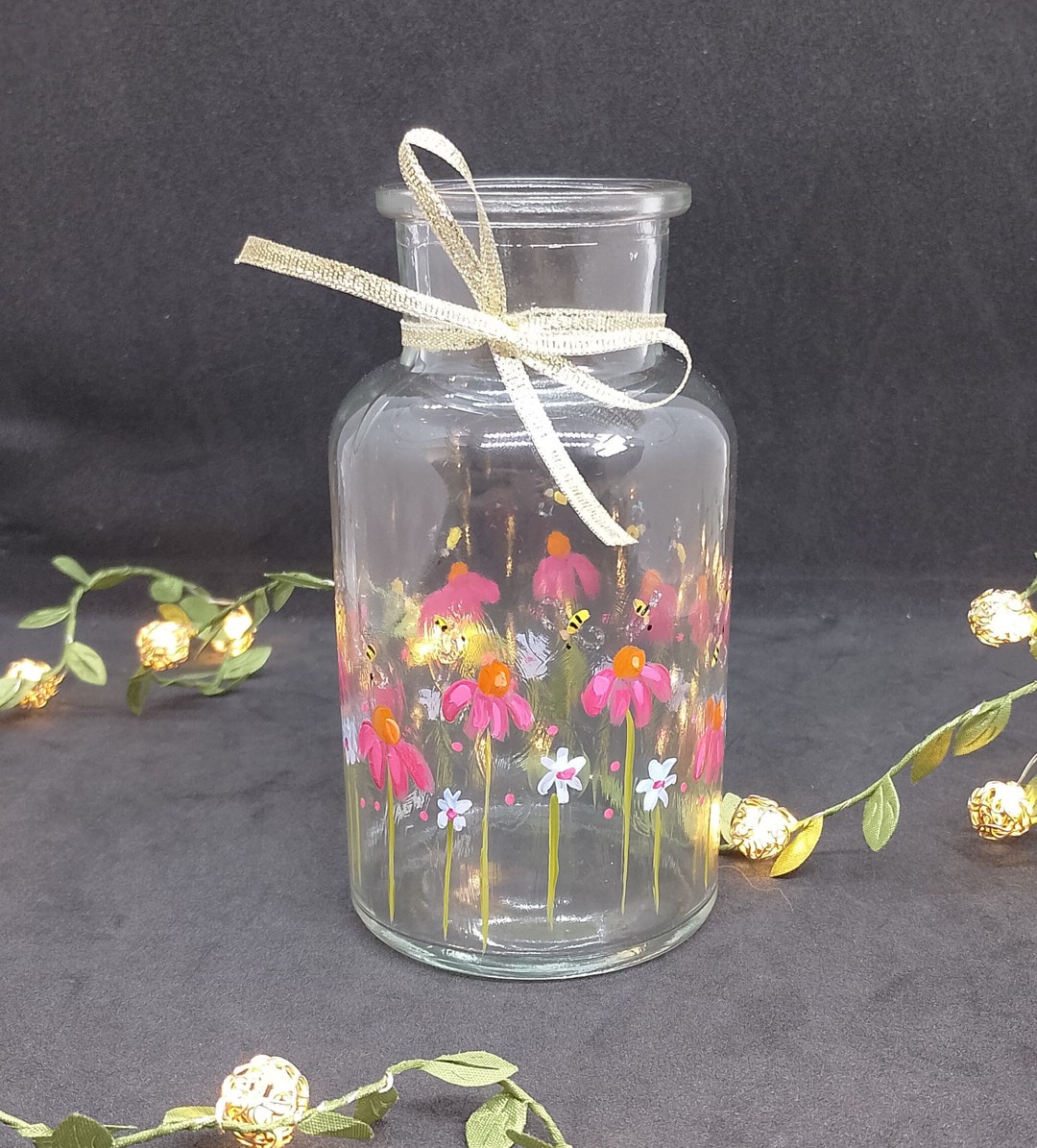 Hand Painted Vase, Floral Glass Jar, Botanical Glassware, Bee Glass ...
