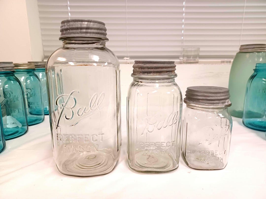 Set of 3 Square “ball Perfect Mason” Ribbed Jars With Original Zinc ...