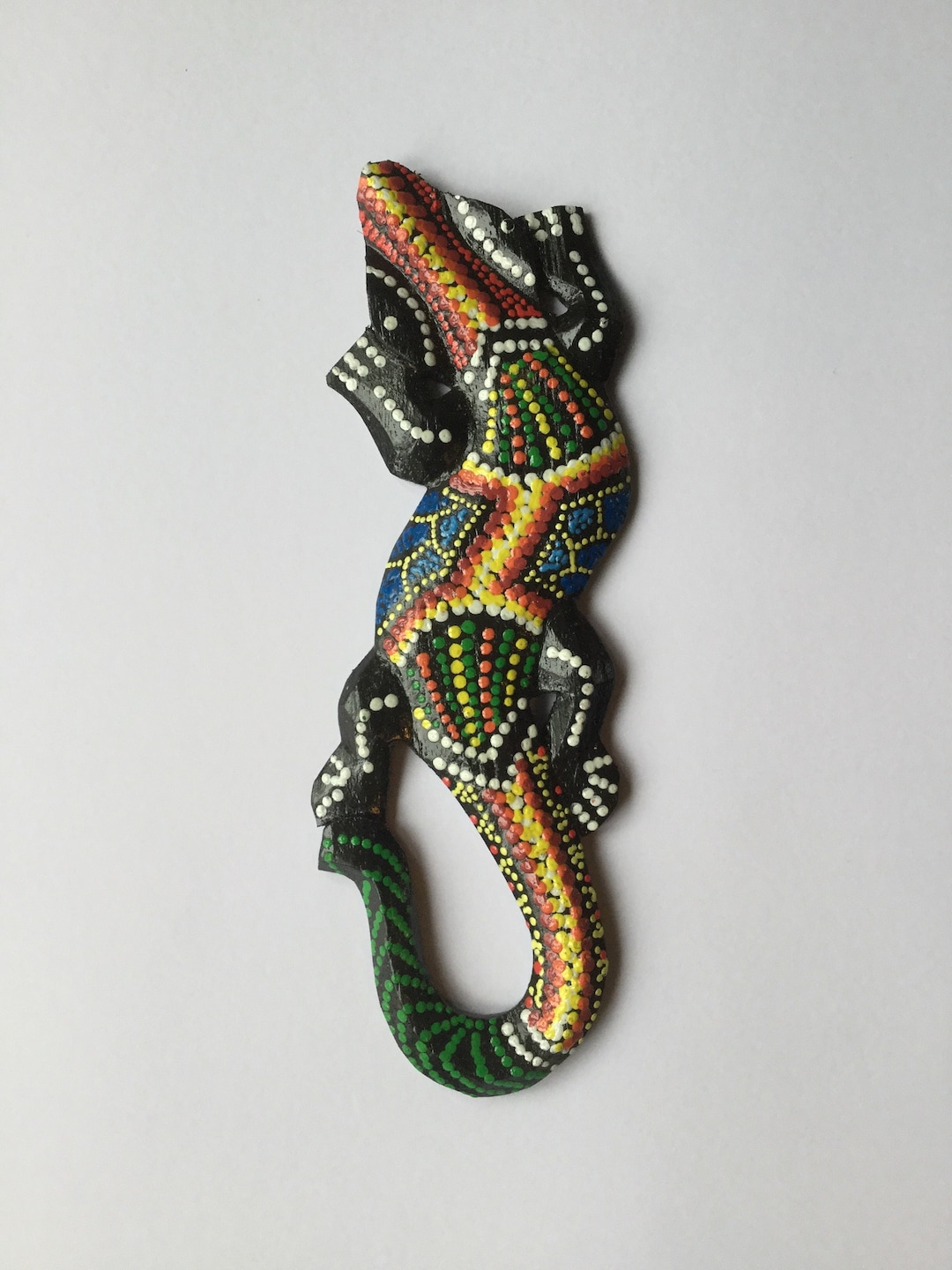Gecko Wall Art Wood Carving With Raised Dot Painted Decoration (20cm ...