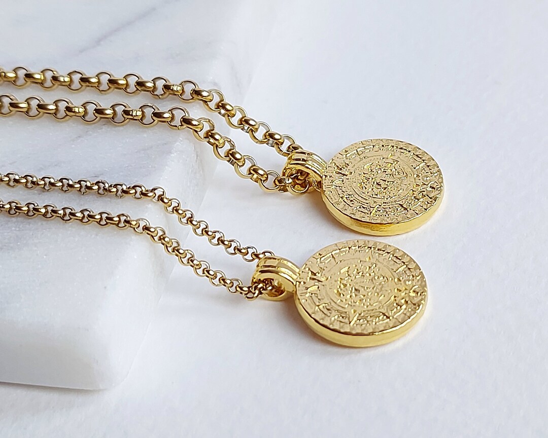 Mayan Coin Necklace in Antique Gold, Maya Disc Pendant Antiquity Style ...
