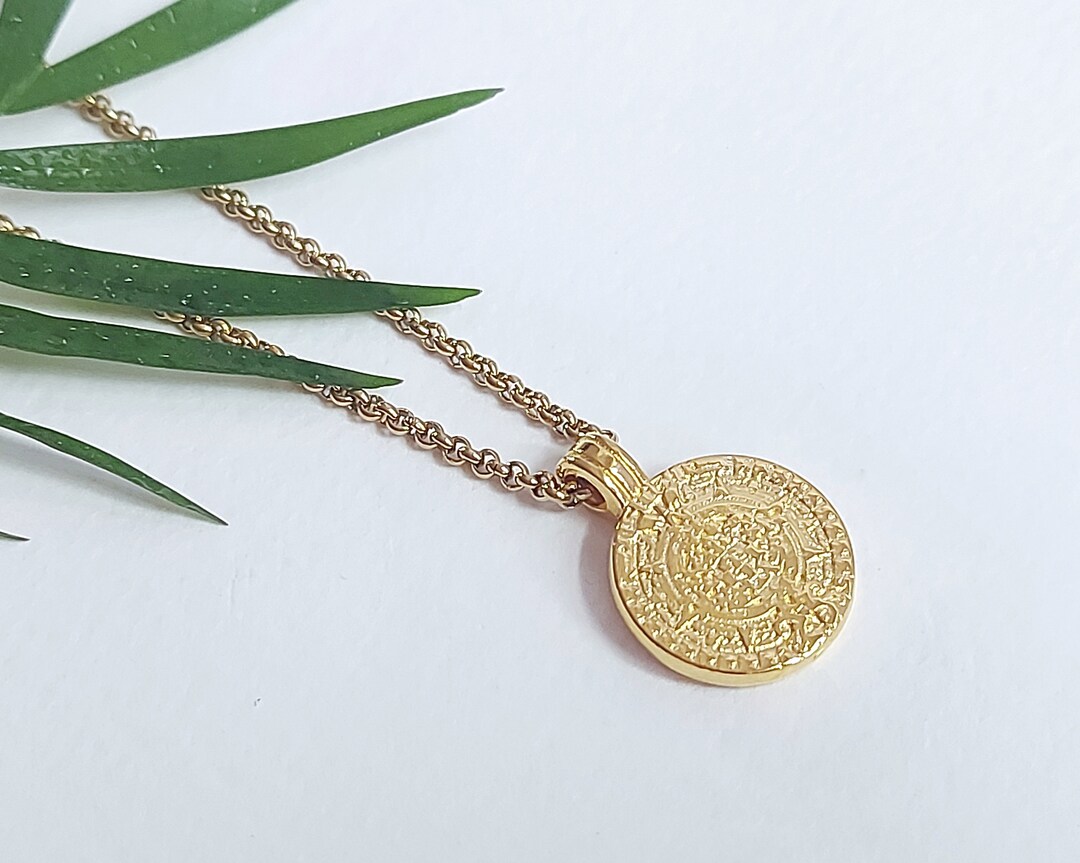 Mayan Coin Necklace in Antique Gold, Maya Disc Pendant Antiquity Style ...