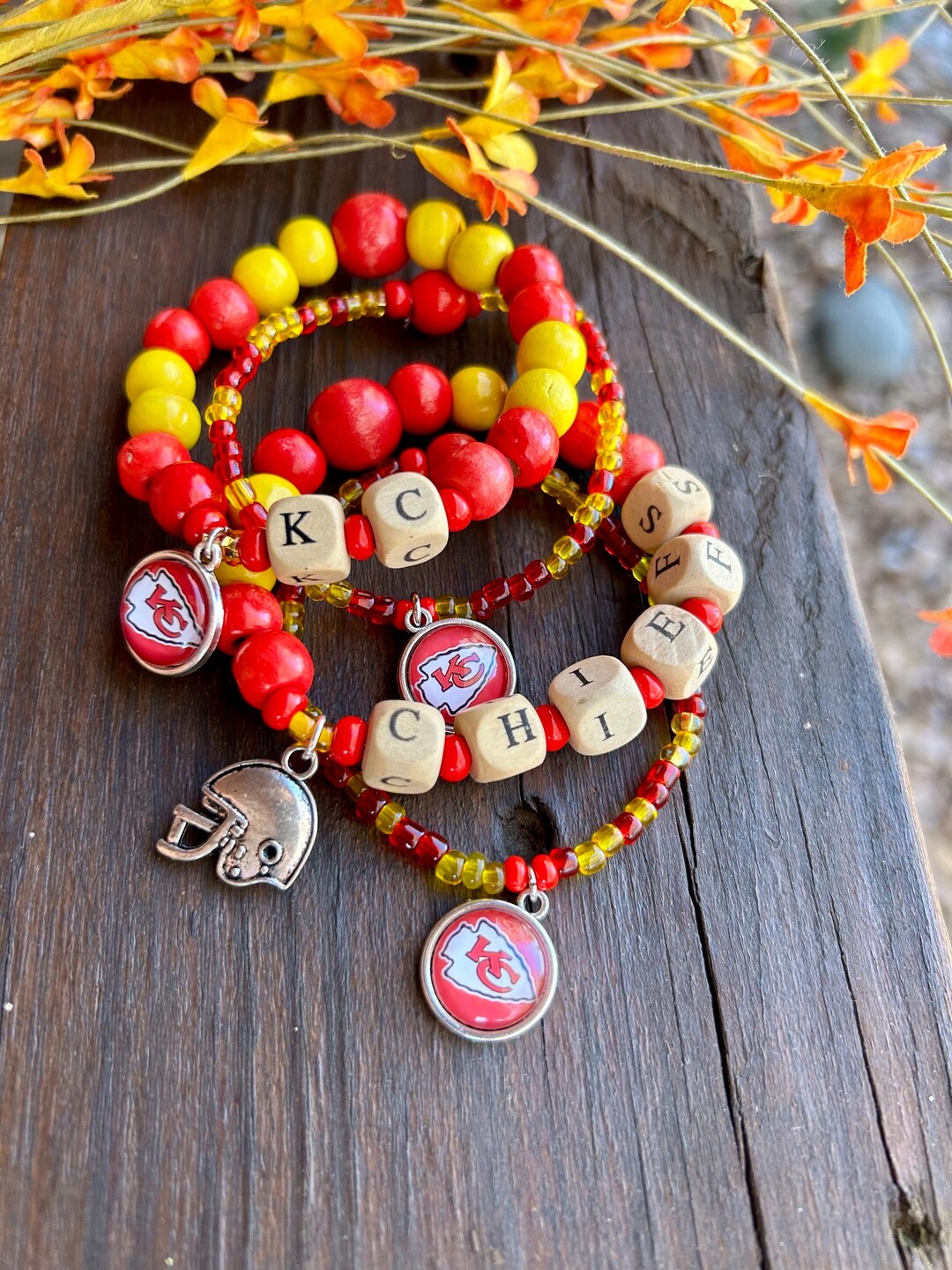 Kansas City Chiefs, Stack Set of Four Charm Bracelet. Wood and Glass Beads, With KC Cheifs ...