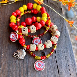 Kansas City Chiefs, Stack Set of Four Charm Bracelet. Wood and Glass ...