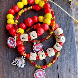 Kansas City Chiefs, Stack Set of Four Charm Bracelet. Wood and Glass ...