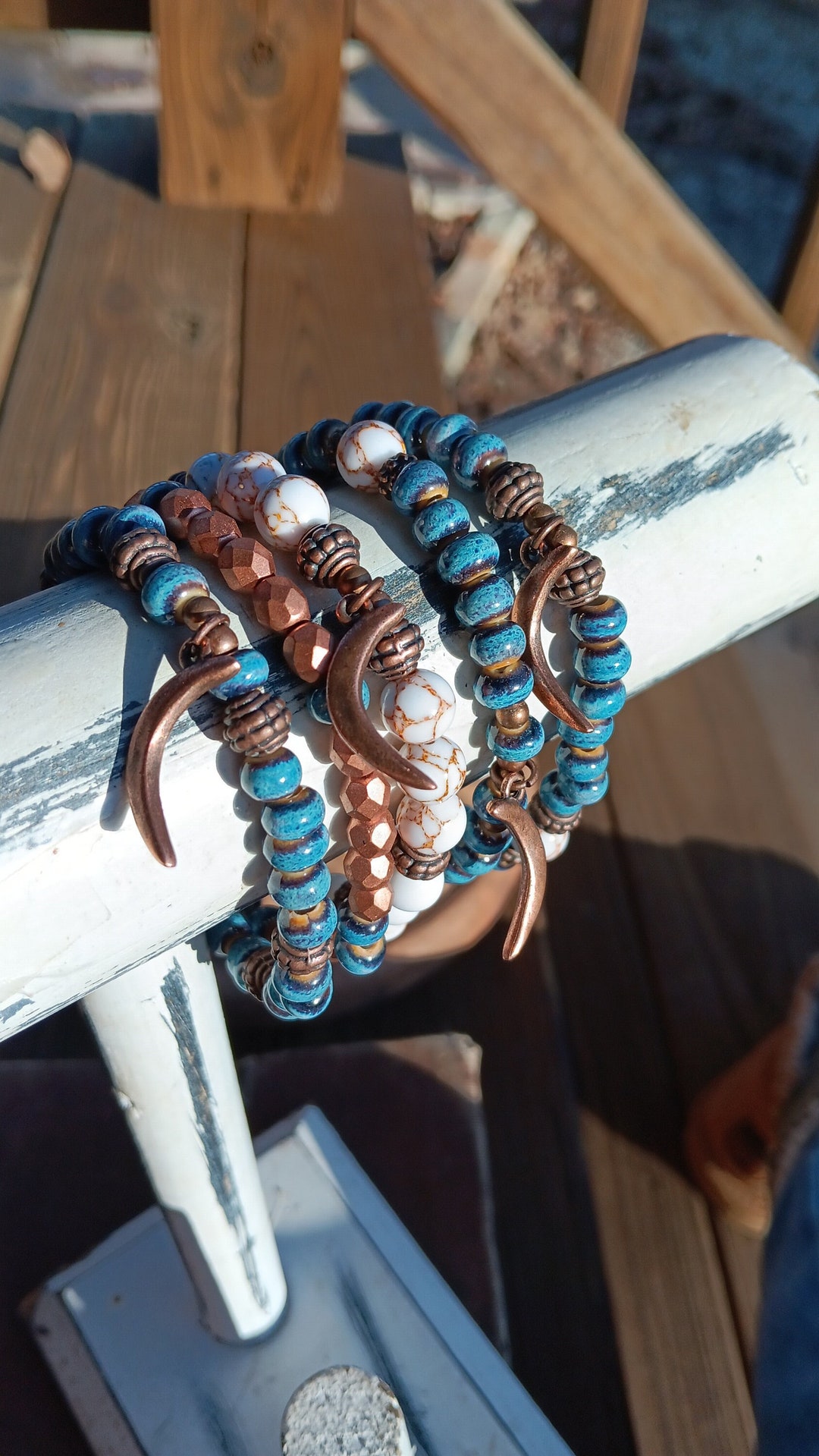 Stacked Set, of 5, Crescent Moon Bracelet, Moon Bracelets, Glass Beads ...