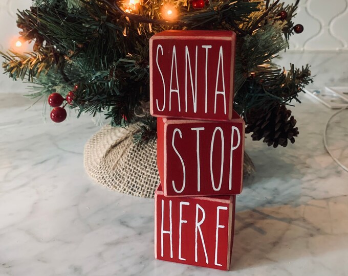 Handcrafted Wood Block Home Decor | SANTA STOP HERE | Hand Painted ...
