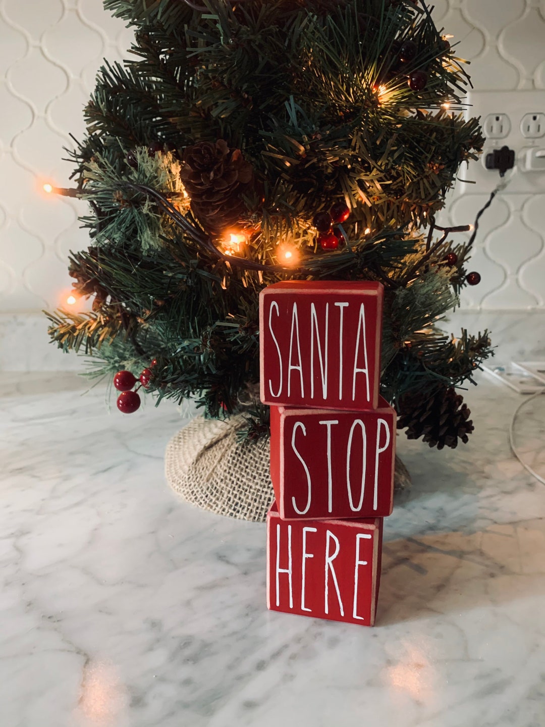 Handcrafted Wood Block Home Decor | SANTA STOP HERE | Hand Painted ...