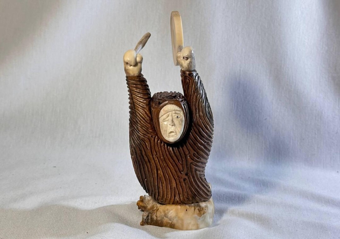 Dancing Eskimo Shaman With Drum, Wood Sculpture Reproduction ...