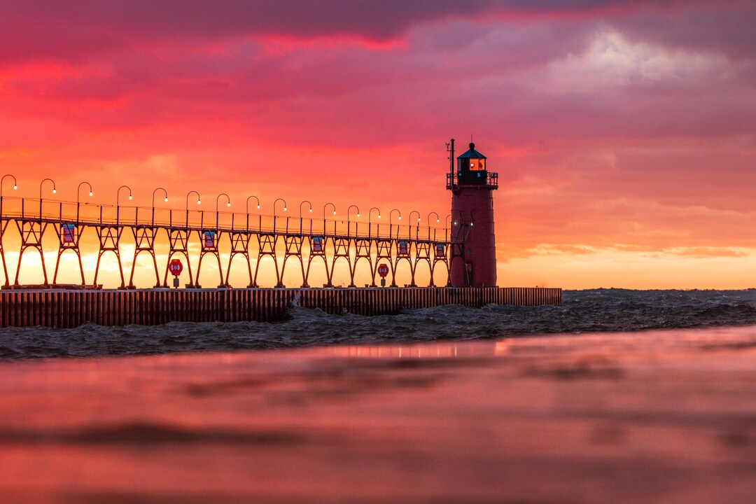 Michigan Lighthouse Sunset Photo, Winter Beach Scene, Wall Art - Etsy