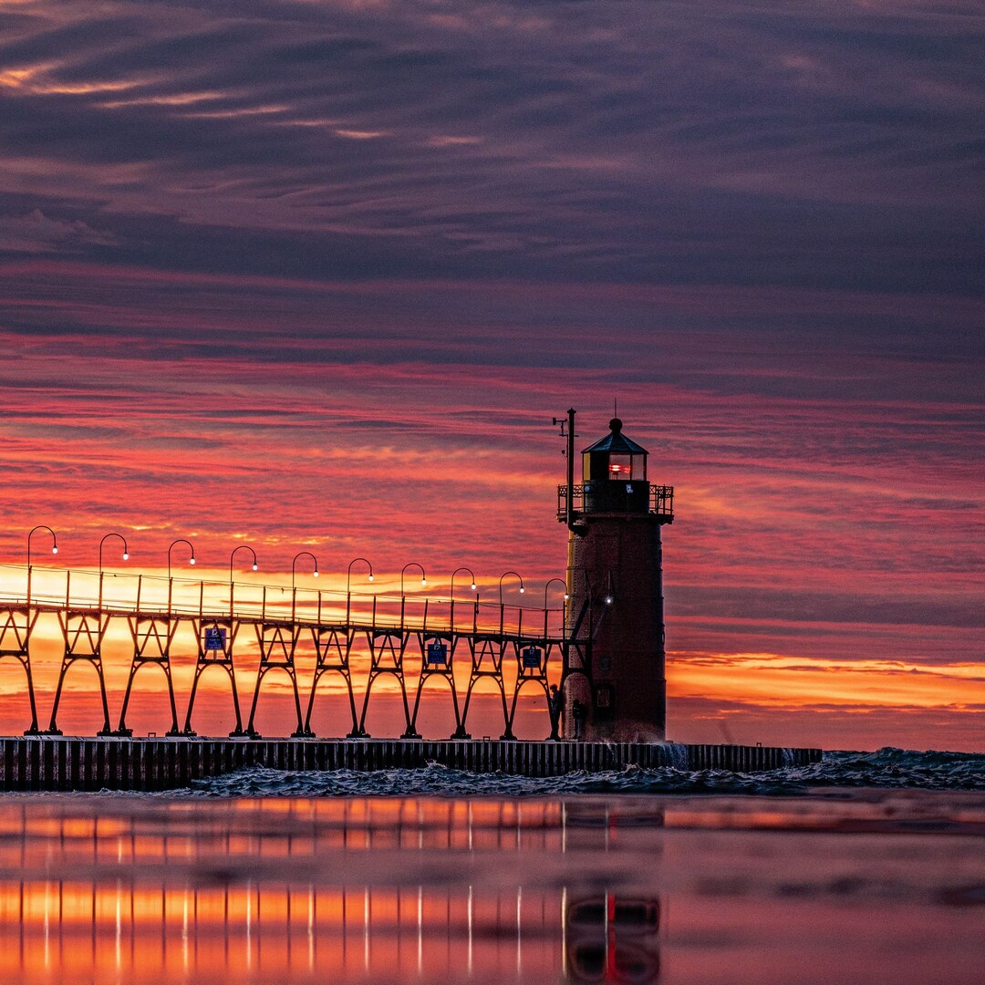 Sunset and Lighthouse, Big Red Lighthouse, Color Photograph, Water ...
