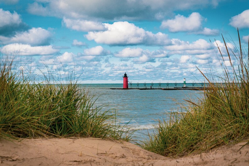Beach Grass and Lighthouse, Big Red Lighthouse, Color Photograph, Water ...