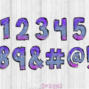 Watercolor PNG Letters, Purple Blue Doodle Sublimation Alphabet, Blue ...