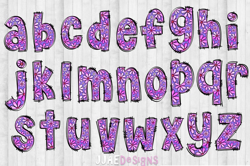 Pink Purple Floral Doodle Letters, Floral Alphabet Letters, Floral ...
