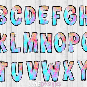 Watercolor PNG Letters, Doodle Sublimation Alphabet Bundle, Rainbow ...