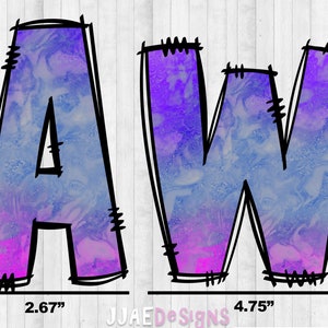 Watercolor PNG Letters, Purple Blue Doodle Sublimation Alphabet, Blue ...