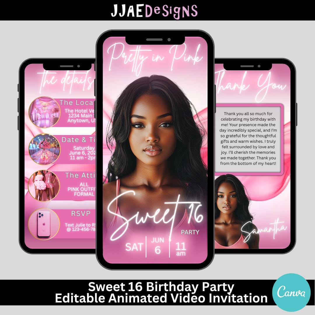 Pretty in Pink Sweet 16 Sixteen Birthday Editable Invitation, Animated ...