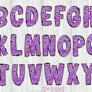 Pink Purple Floral Doodle Letters, Floral Alphabet Letters, Floral ...