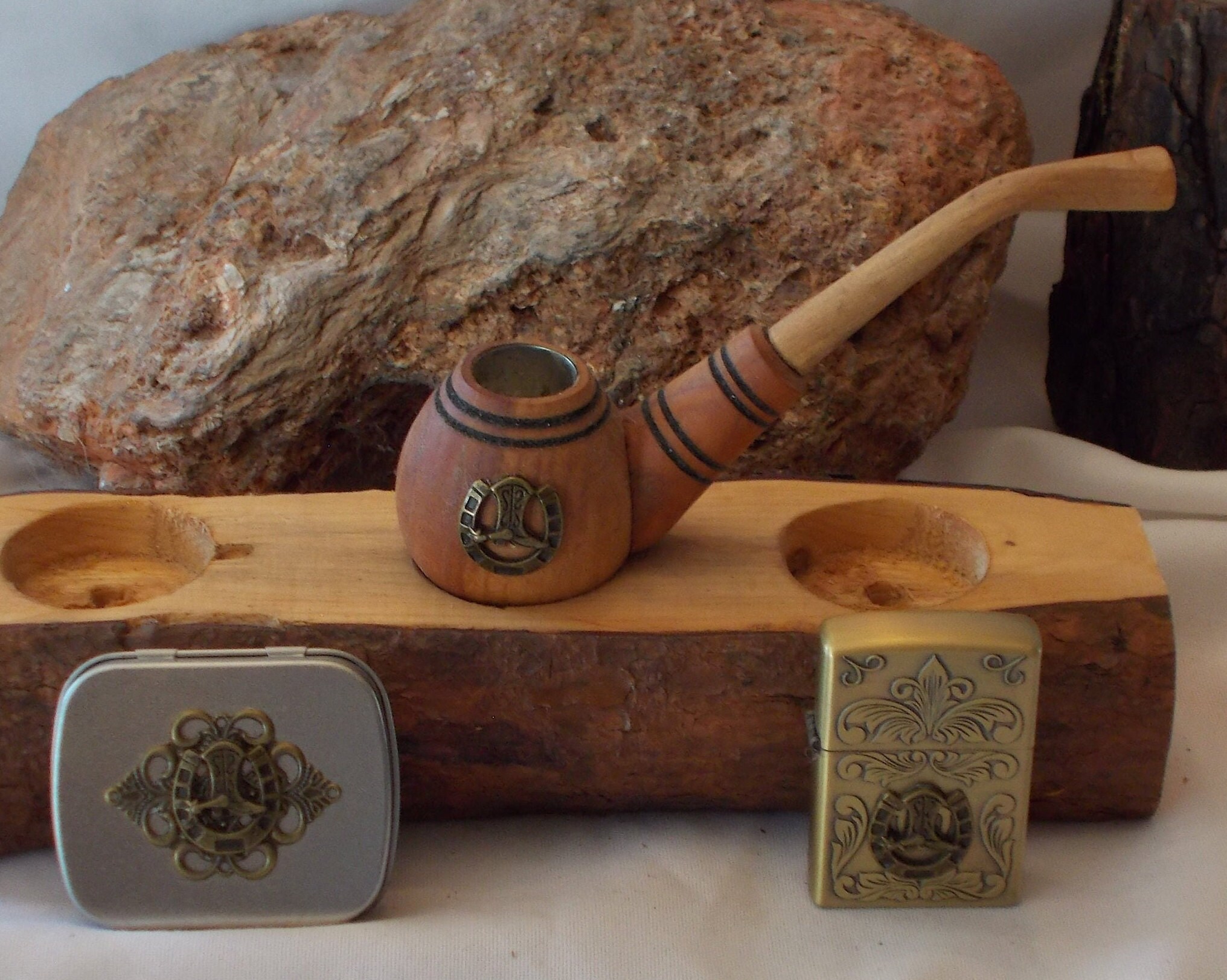Wood Smoking Pipe Gift Set/ Horseshoe Boot/ Wooden Pipe Lighter ...