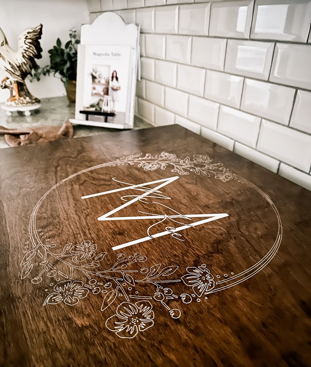 Engraved Monogram Stove Cover, Floral Wreath Noodle Board, Personalized ...