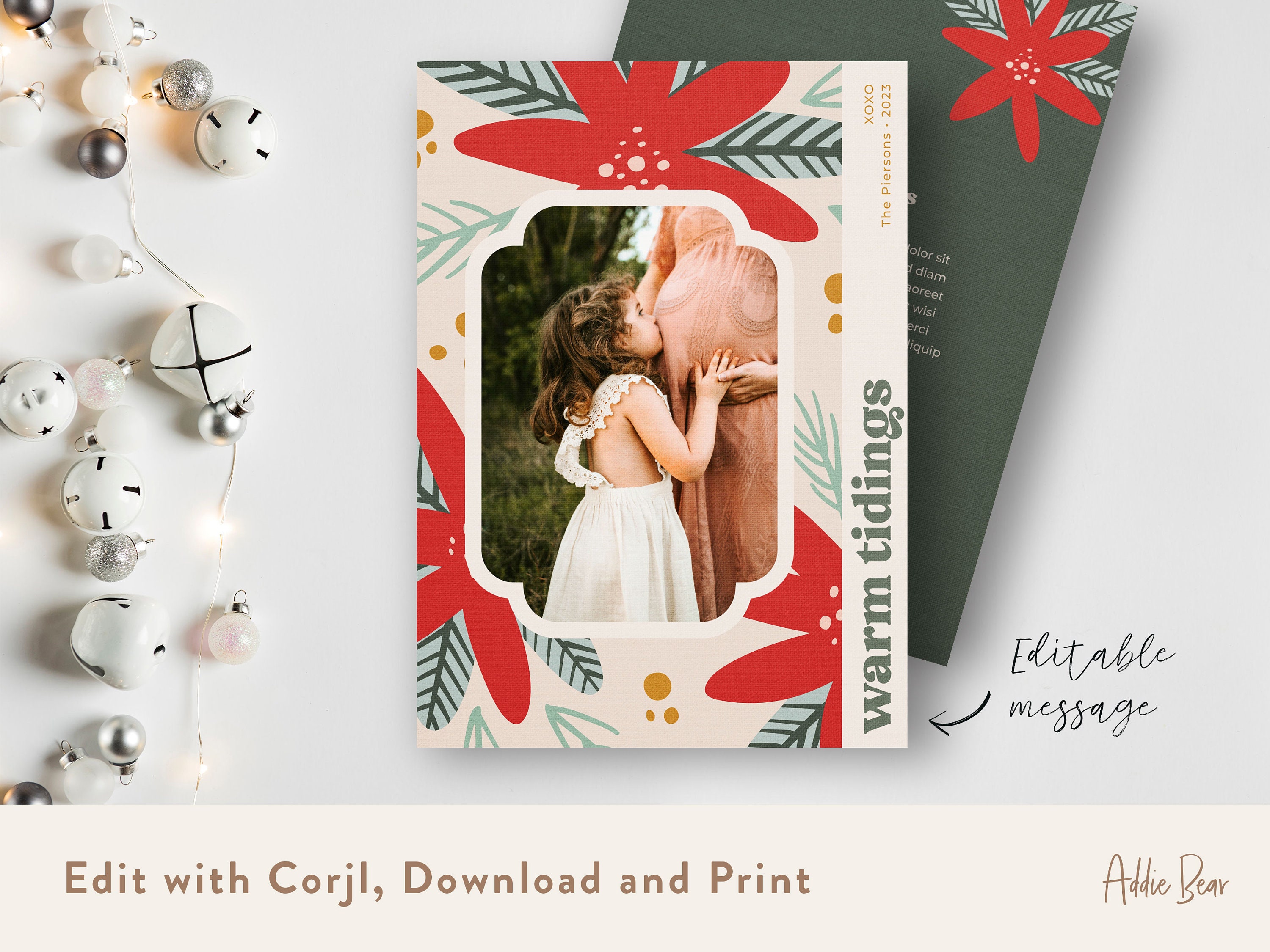 Poinsettia Holiday Photo Card Template Editable Christmas Card Floral ...