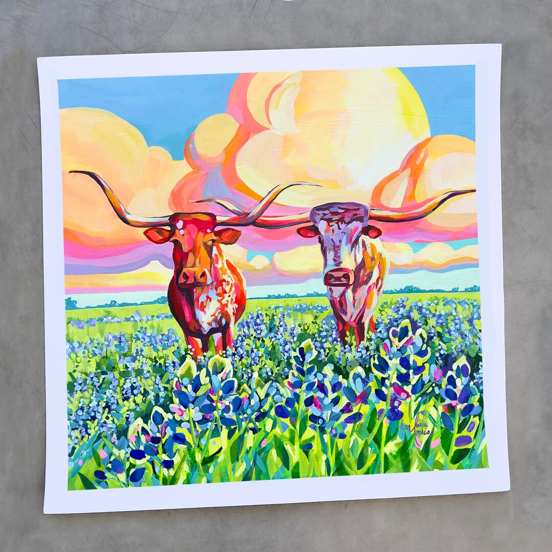 Longhorn Wall Art With Texas Bluebonnets | Texas Art, Unframed Print by ...