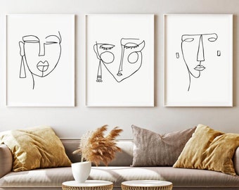 Abstract Face Digital Print Set of 3, Face Line Art Printable Wall Art, Abstract Woman Prints ...