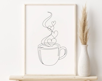 Coffee One Line Art Print, Coffee Line Drawing, Kitchen Wall Décor ...