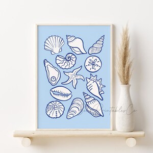 Blue White Seashells Print, Trendy Coastal Printable Wall Art, DIGITAL ...