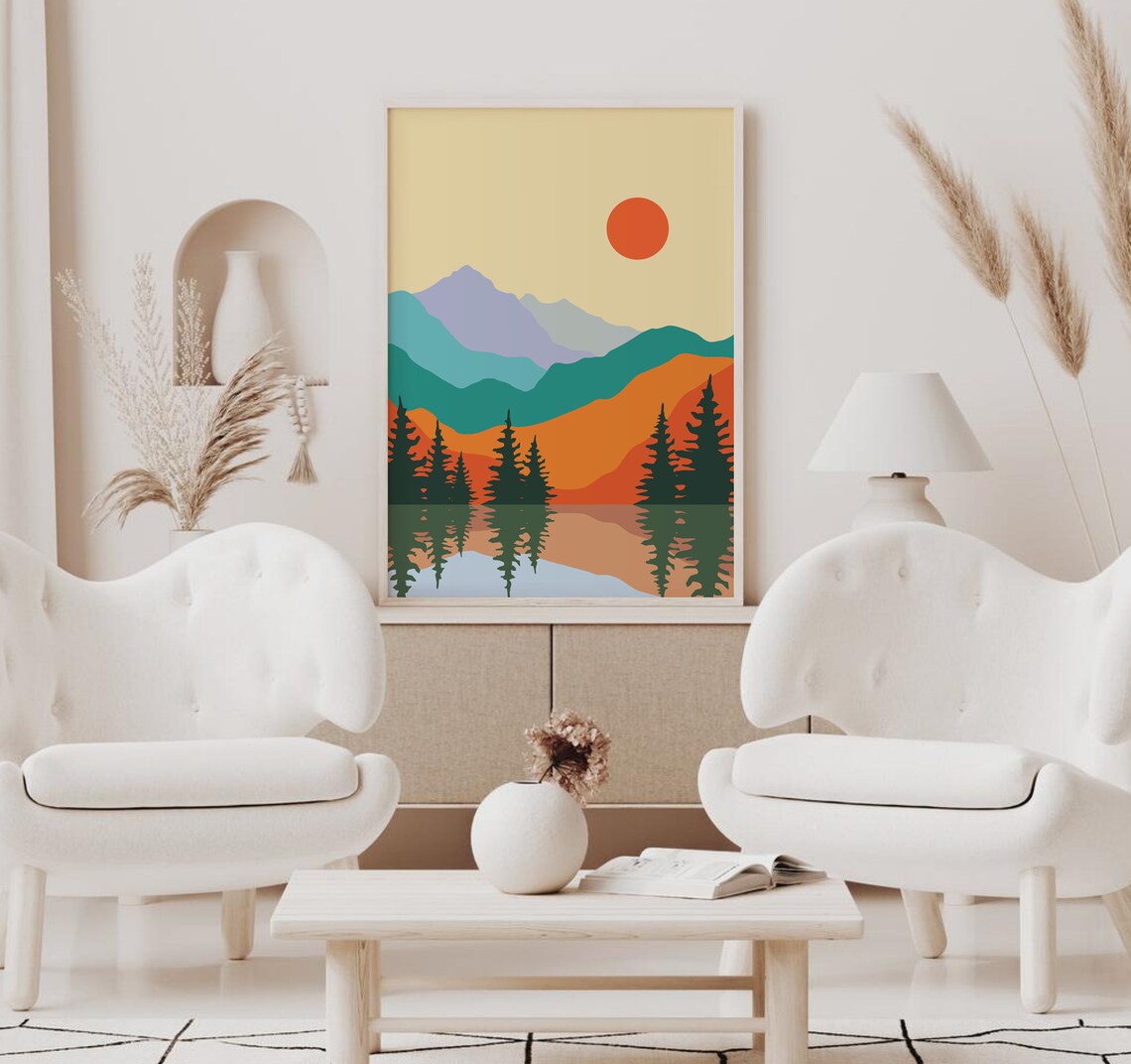Boho Landscape Print Abstract Mountains Poster Trees Lake - Etsy