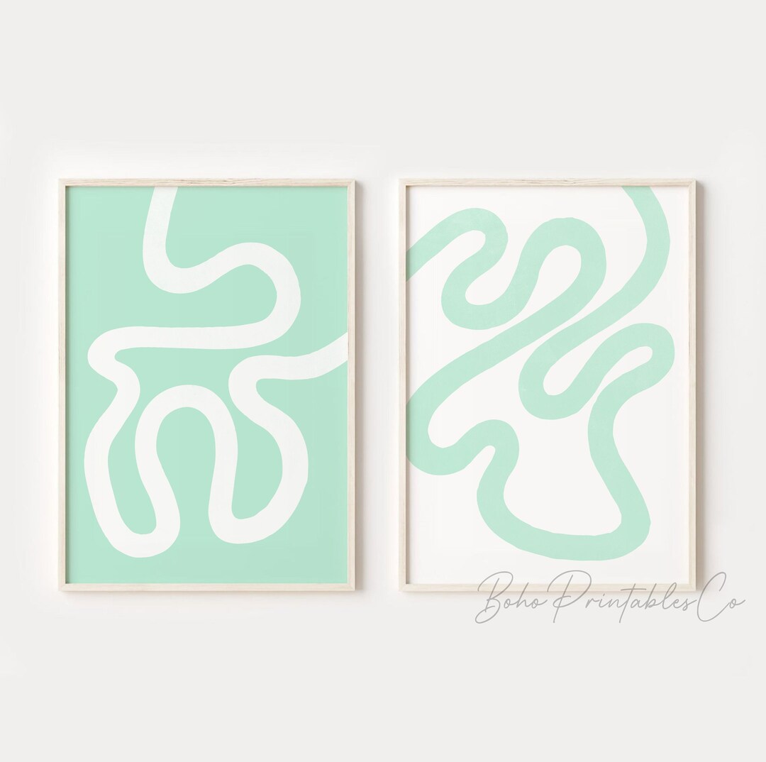 Mint Green Print Set of 2, Abstract Line Printable Wall Art, Mint Green ...