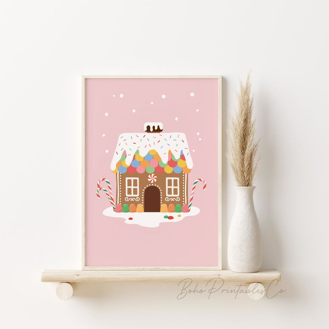 Pink Gingerbread House Print, Christmas Printable Wall Art, Holiday ...