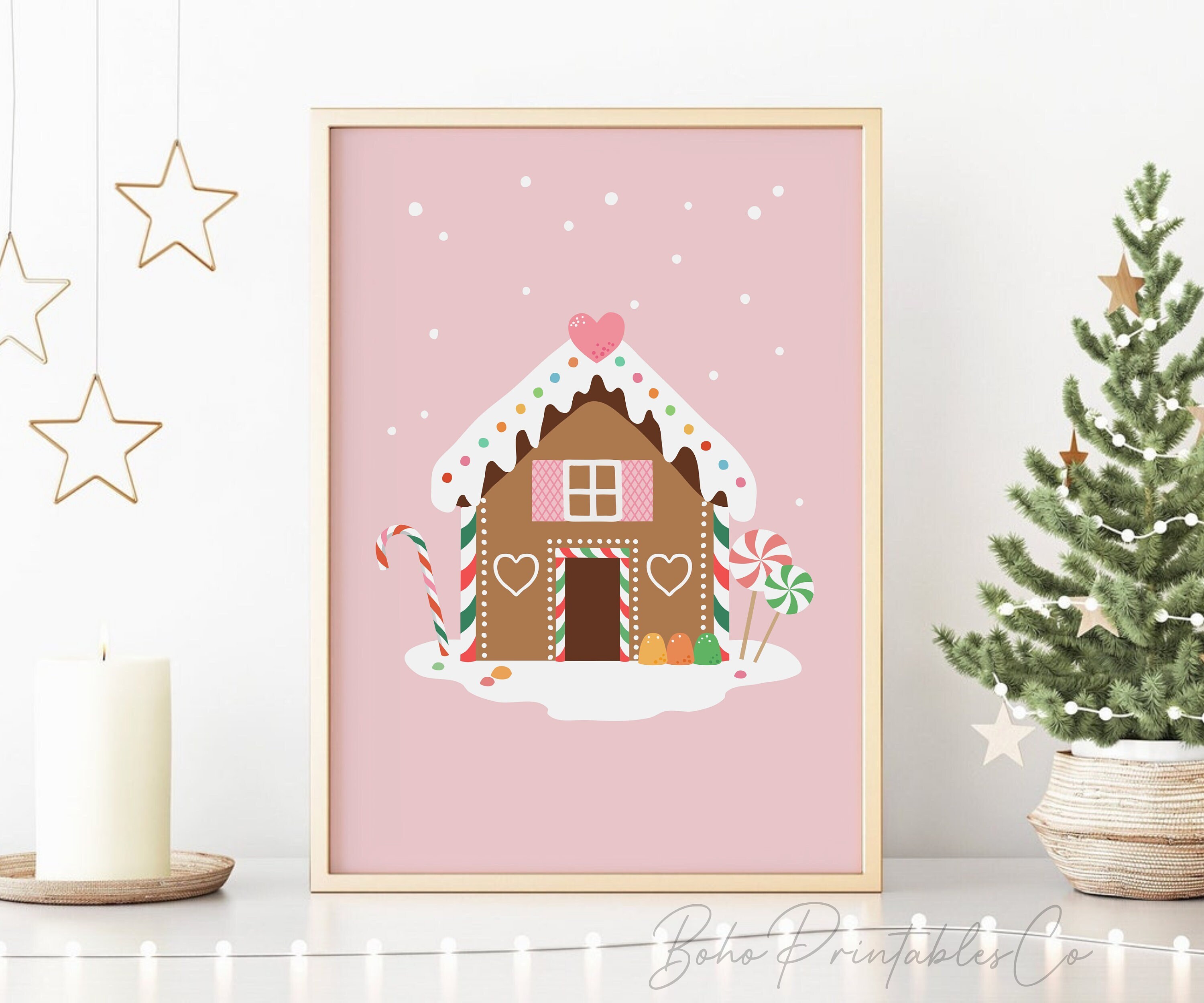 Christmas Gingerbread House Print, Pink Holiday DIY Wall Decor, DIGITAL ...