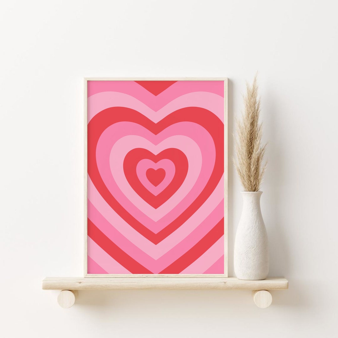 Pink and Red Retro Heart Print, DIGITAL DOWNLOAD, Psychedelic Heart ...