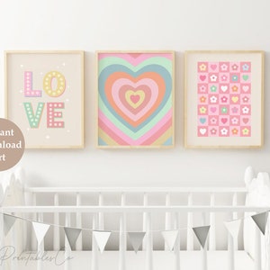 Pastel Retro Print Set of 3, Love Hearts Printable Wall Art, DIGITAL ...