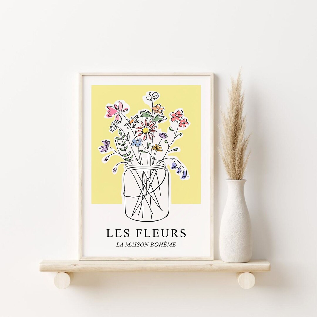Pastel Yellow Botanical Print, Cute Flowers Hand Drawn Sketch Print ...