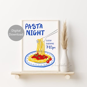 Pasta Night Print, Hand Drawn Food Sketch Printable Wall Art, Retro ...