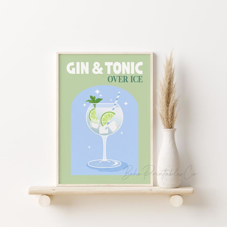 Gin & Tonic Print Retro Cocktail Printable Wall Art DIGITAL - Etsy
