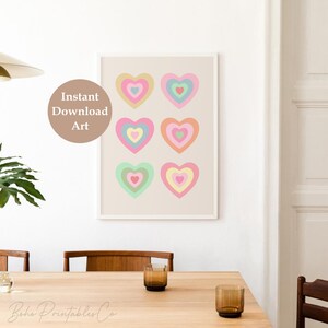 Pastel Retro Heart Print, Cute Hearts Printable Wall Art, DIGITAL ...