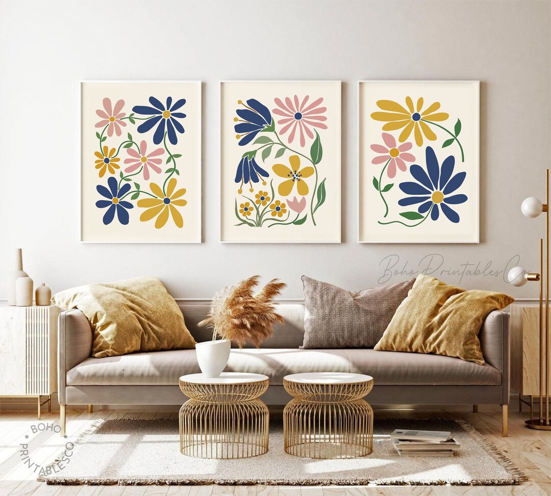 Abstract Flowers Print Set of 3, Mustard Navy Blush Pink Gallery Wall ...