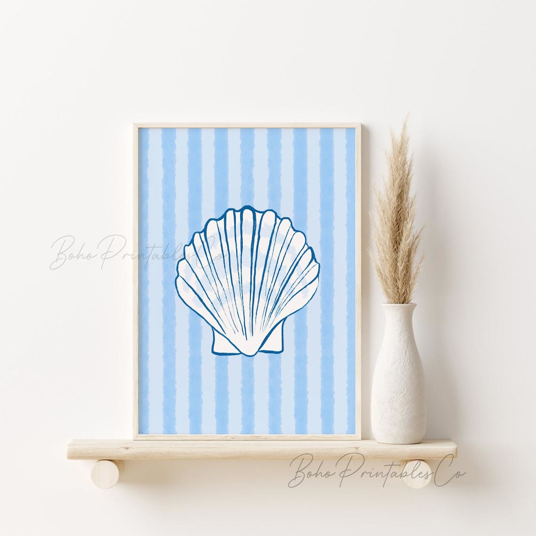 Blue White Seashell Print, Trendy Coastal Printable Wall Art, DIGITAL ...