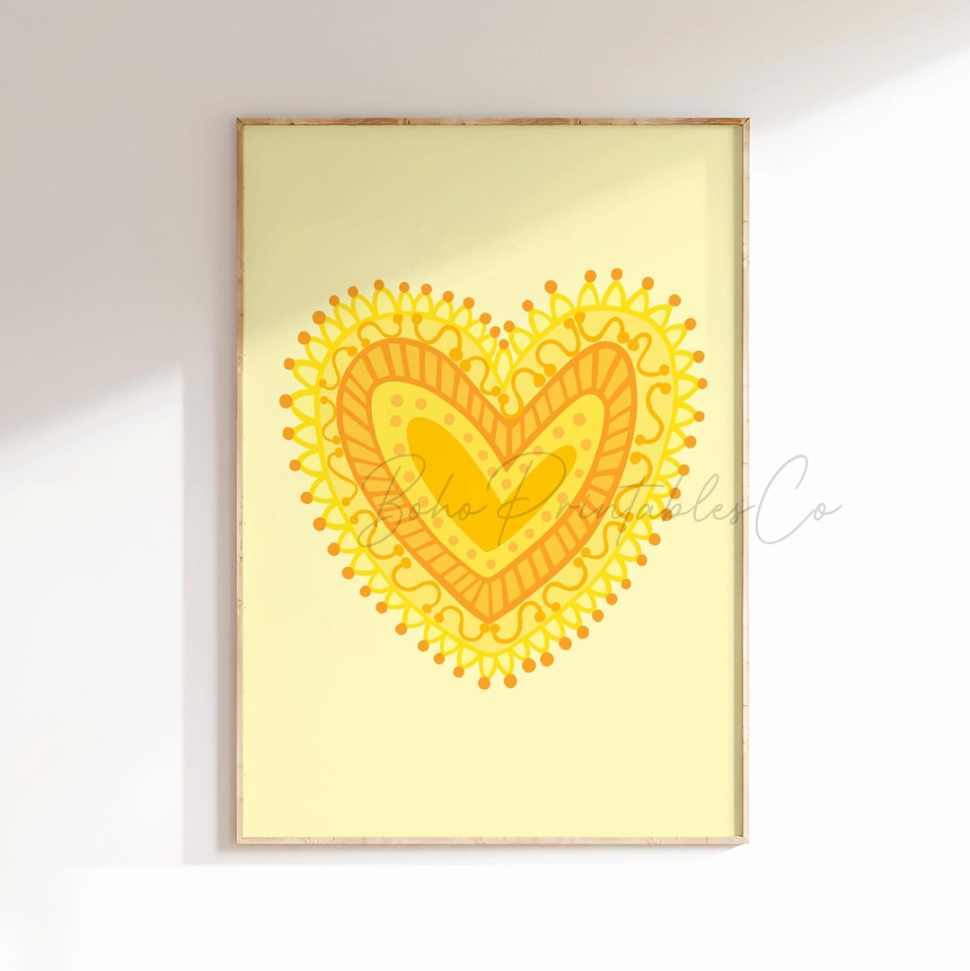Yellow Boho Heart Print, Love Heart Printable Wall Art, DIGITAL ...