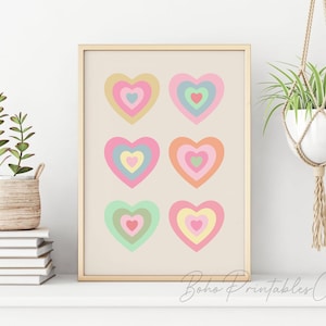 Pastel Retro Heart Print, Cute Hearts Printable Wall Art, DIGITAL ...