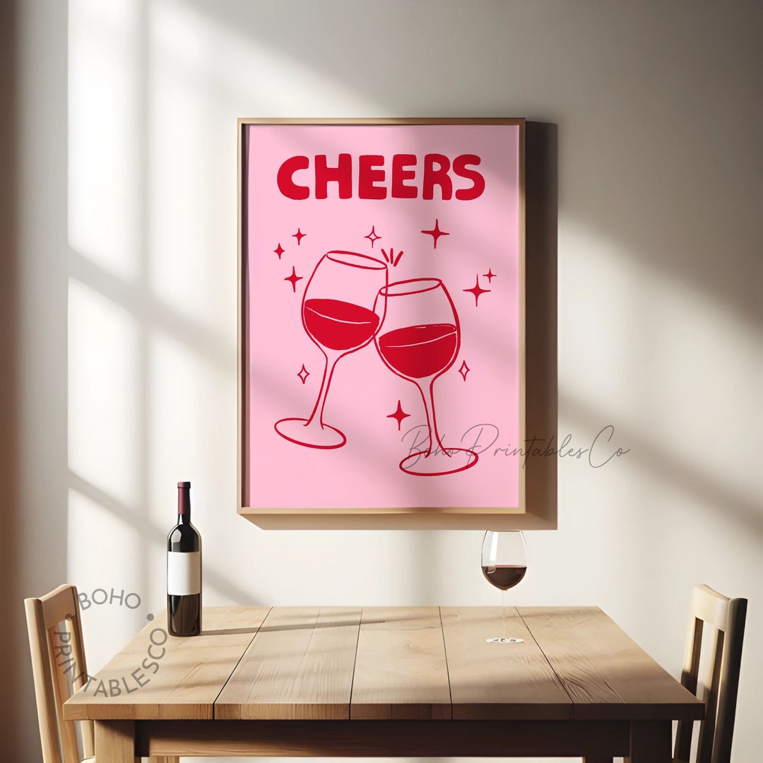 Cheers Wine Print, Pink Red Kitchen Poster, DIGITAL DOWNLOAD, Retro ...